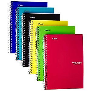 Mead FBA_6180 Five Star Spiral Notebook, College Ruled, 2 Subject, 6 x 9.5 Inches, 100 Sheets, Assorted Colors, 6 Pack