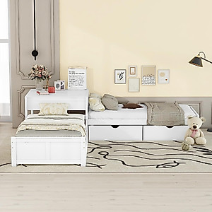 CITYLIGHT L-Shaped Platform Bed with Trundle and Drawers Linked with Built-in Desk, Wood Corner Bed with 3 Twin Beds for Kids Girls Boys Teens Bedroom (Twin,White)