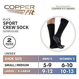 Copper Fit Crew Sport Socks-2 Pack, Black, Small/Medium