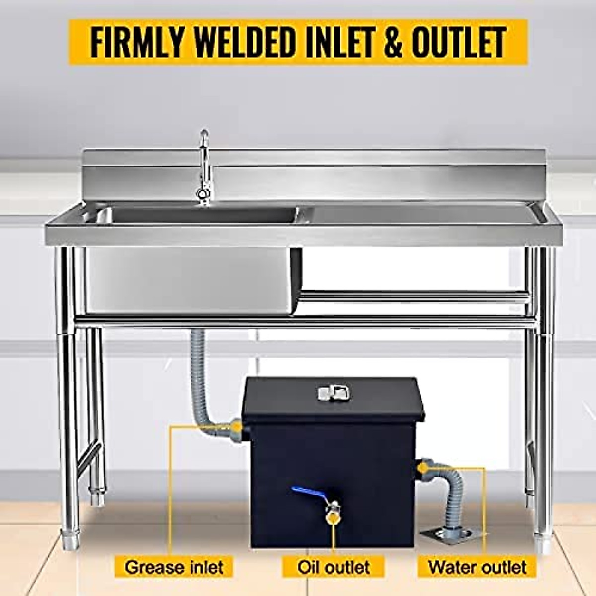 Commercial Grease Interceptor, 8-70 LBS Capacity, Under Sink Grease Trap With 4-35 GPM Flow Rate, Coated Carbon Steel Grease Interceptor With Side Water Inlet, For Restaurant Factory Kitchen, 8 LB