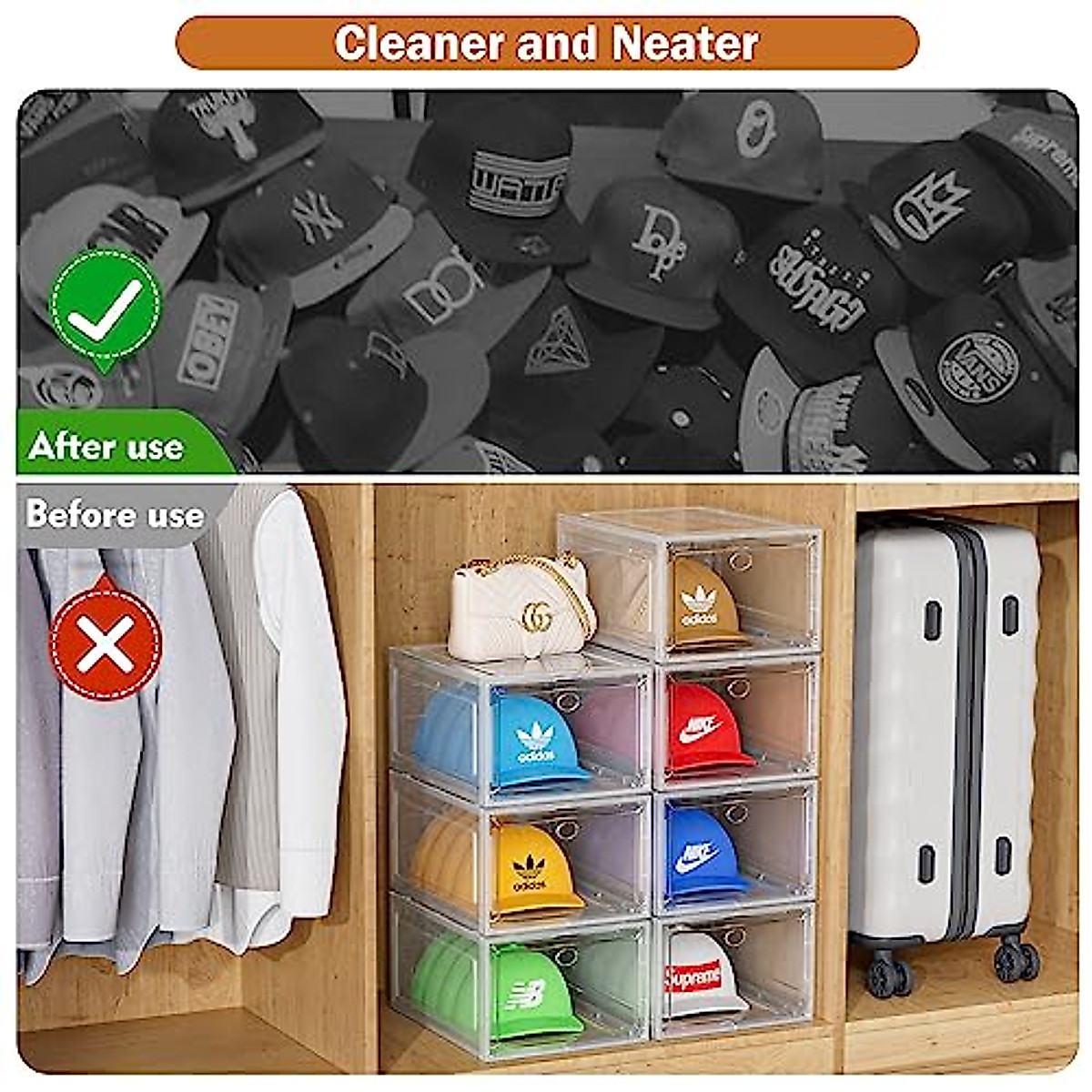 Hat Organizer Box Upgrade Harder Solid Plastic, 6 Pack Hat Organizer for Baseball Caps, Clear Hat Storage, Baseball Cap Organizer with Magnetic Door, Hat Rack, Hat Holder, Hat Case, Hat Box, White