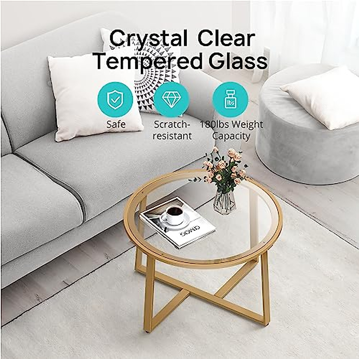 Evajoy Round Glass Coffee Table, 27.6" Gold Coffee Table with Tempered Clear Glass Surface for Living Room, Simple & Modern Center Circle Coffee Table for Small Space, Easy Assembly