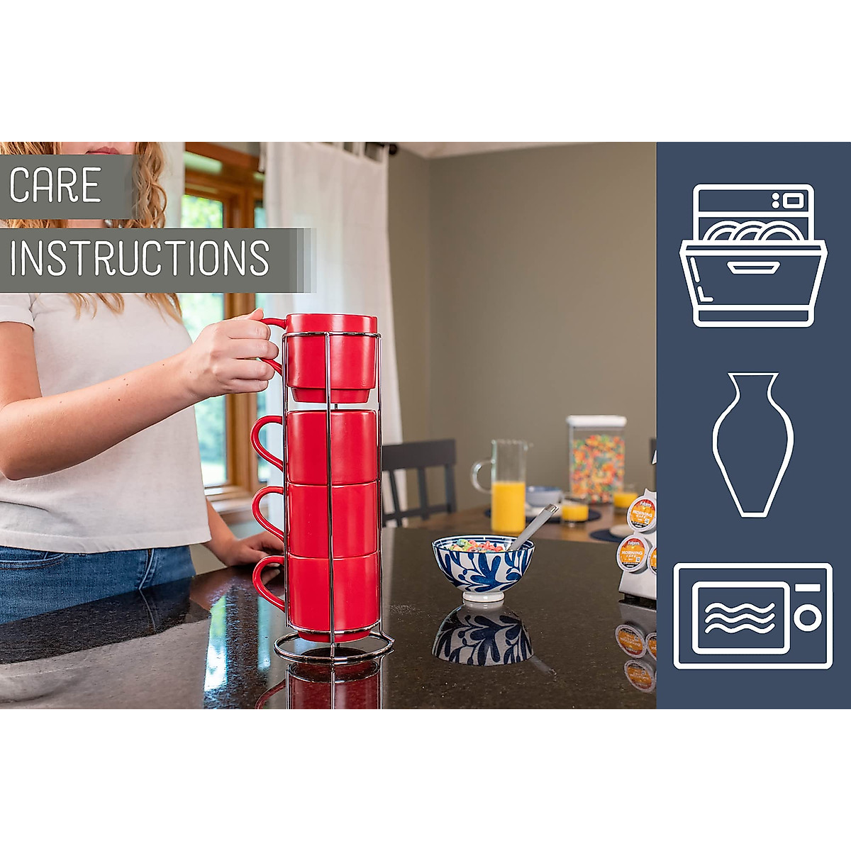 Nat & Jules Stacking Red 14 ounce Ceramic Stoneware Mugs With Stand Set of 4