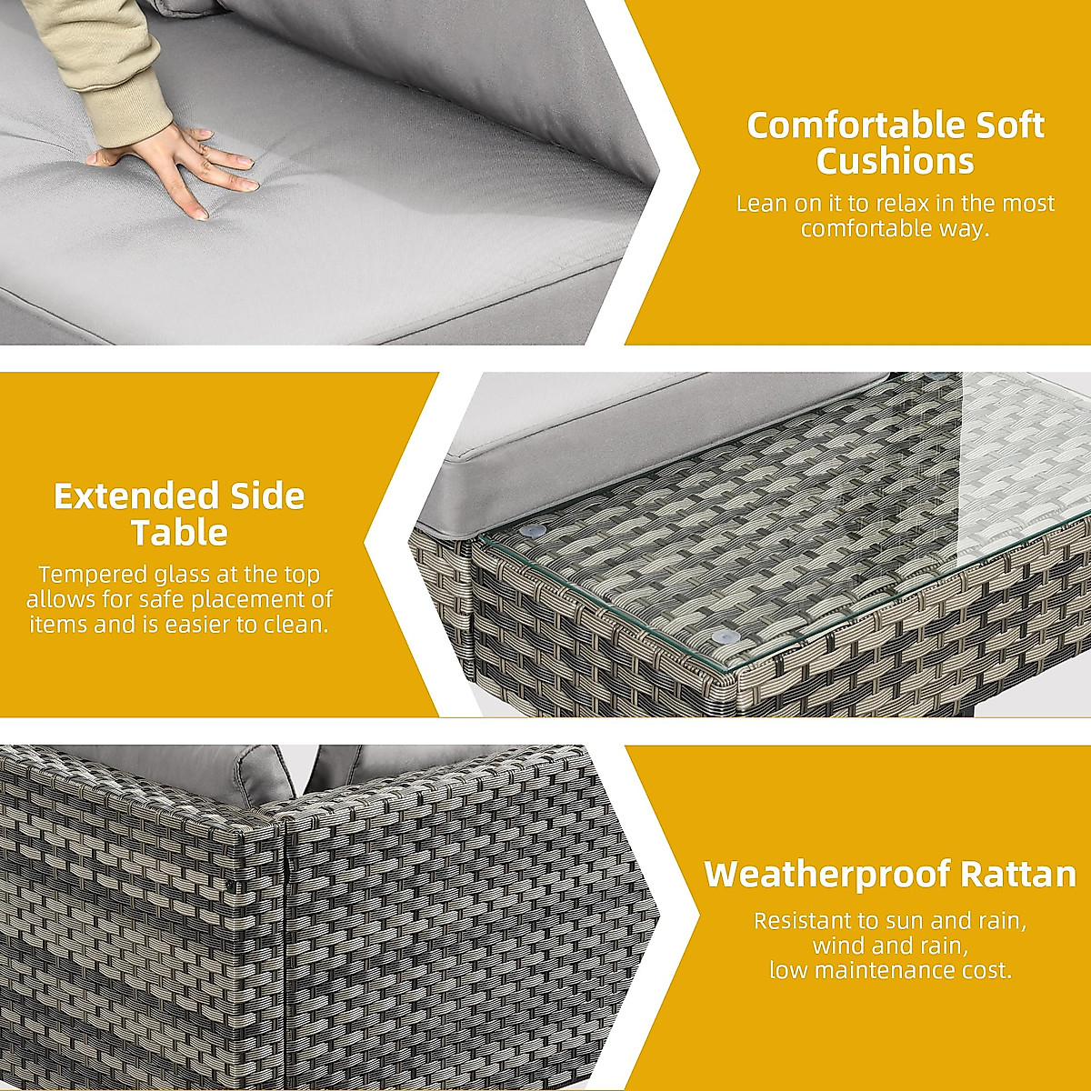 DWVO Patio Furniture Set, Sectional L-Shaped Sofa, for Patio Backyard Poolside Porch, Wicker Conversation Set with Coffee Table & Cushions, Detachable Lounger, All-Weather Rattan, Grey