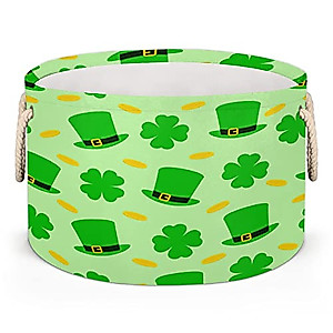 St. Patrick's Day Green Clover Leaves (10) Large Round Baskets for Storage Laundry Baskets with Handles Blanket Storage Basket for Bathroom Shelves Bins for Organizing Nursery Hamper Girl Boy