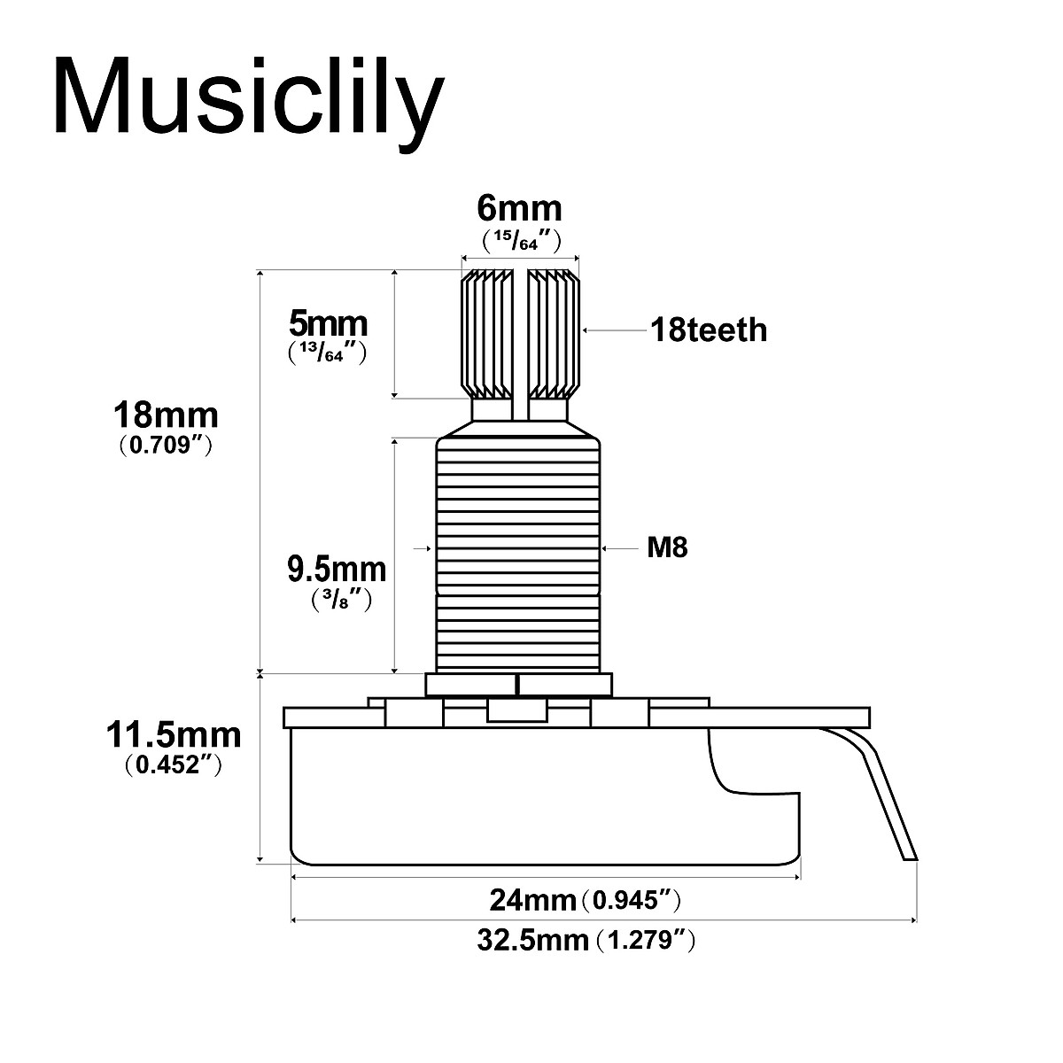 Musiclily Pro Brass Thread Full Metric Sized Control Pots A1 Meg Audio Taper Potentiometers for Guitar (Set of 2)