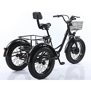 CNAOHGHN 500W Motor Electric Tricycle Comes , 48V Single Speed Removable Battery Fat Tire Trike Seniors Cycling 3 Wheels E-Bike with Carry Cargo Front&Rear Big Basket