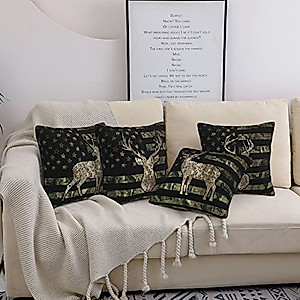 Gianlaima Camo Camouflage Hunting Deer American Flag Painting Set of 4 Decorative Throw Pillow Cases Sofa Cushion Covers for Couch Bedroom Living Room Car Home Decor