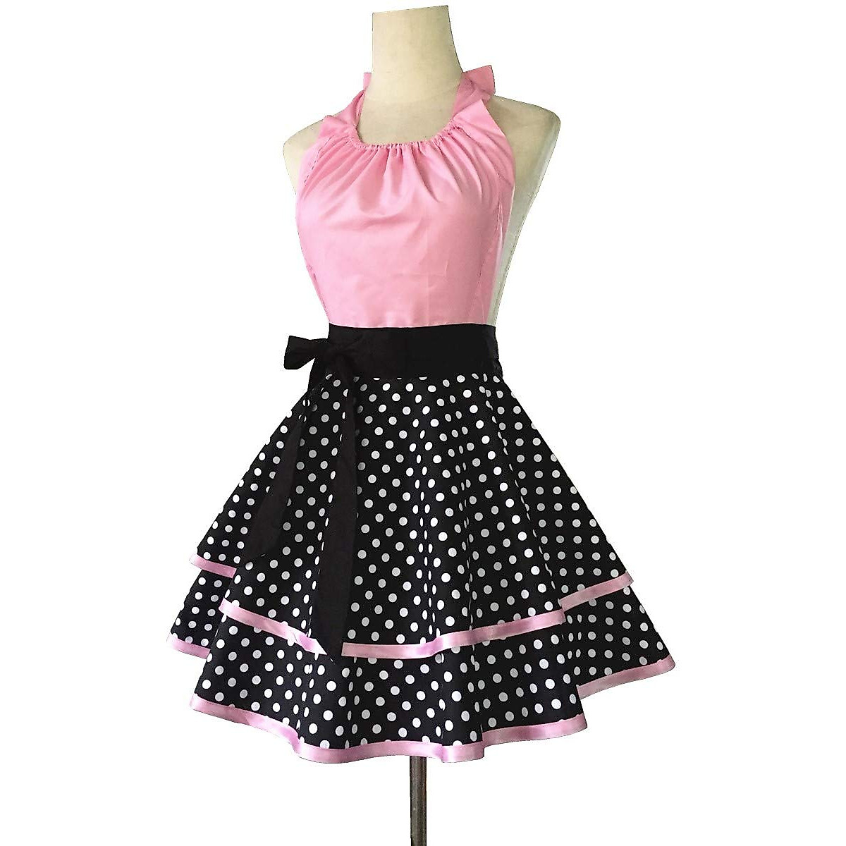 Hyzrz Cute Retro Apron Vintage Maid Polka Dot Kitchen Cooking Aprons for Women Ladies Girls (Pink)