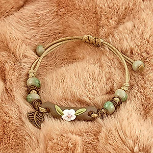 ink2055 Fashion Women Flower Leaf Porcelain Charm Woven Bracelet Adjustable Jewelry Gift,Bracelets for Women Teen Girls Gift - Khaki