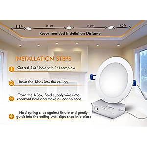 CLOUDY BAY 6 inch 3000K/ 4000K/ 5000K Three Color Temperature Selectable, Dimmable 15W CRI 90+, Ultra Thin LED Recessed Light with Junction Box, IC Rated, Air Tight, ETL/JA8, White, 12 Pack