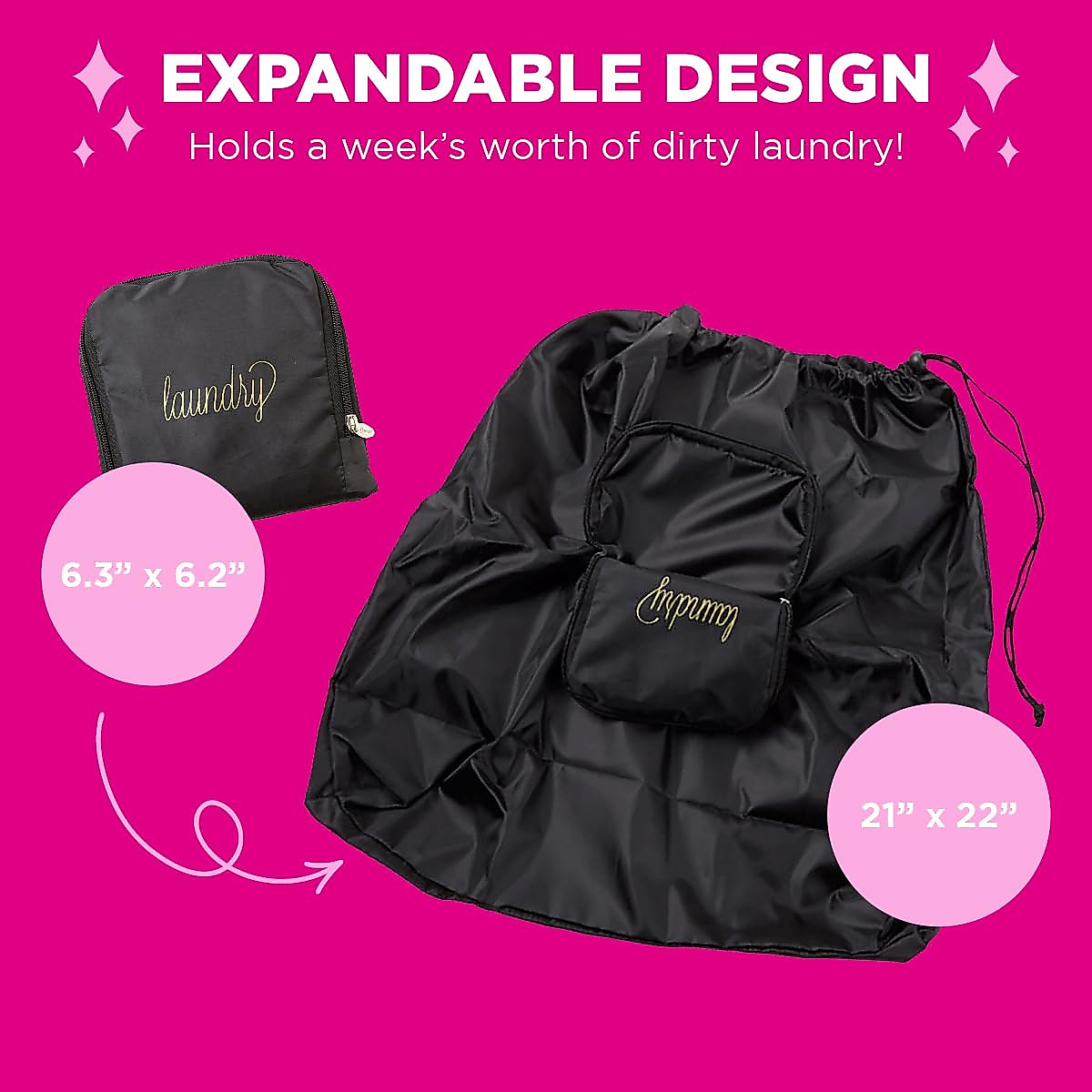 Miamica Soft Travel Laundry Bag with Zipper and Drawstring, Black & Gold, 21” x 22” – Keep Your Dirty Clothes Separate and Your Suitcase Organized – Expandable, Durable, and Foldable Laundry Bag