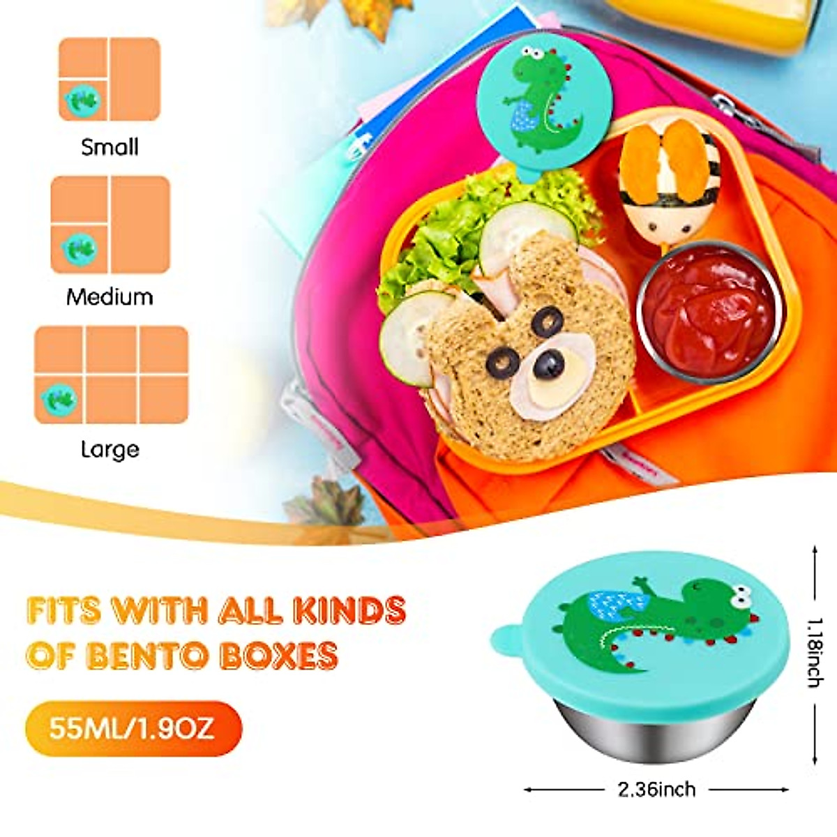 Kids Salad Dressing Container to Go 6 Pack 1.8oz Small Stainless Steel Sauce Cups Condiment Container with Lids Dinosaur Leakproof for Girls Kids Lunch Bento Box