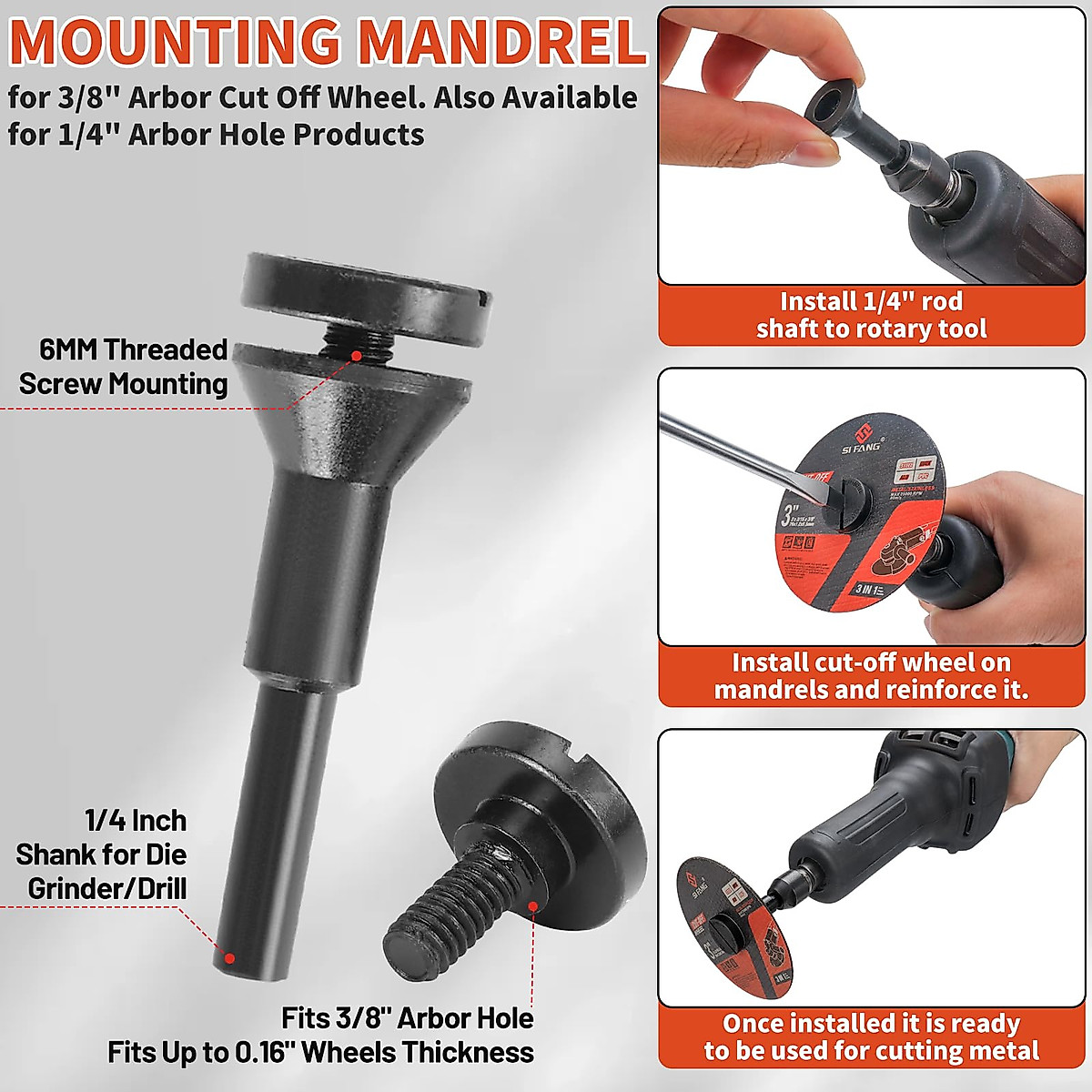 SI FANG 25Pcs 3 inch Cut Off Wheels with 1/4 in Mounting Mandrel Kit for Die Grinder, 3/8" Arbor Cutting Wheel with Pouch for Metal & Stainless Steel Rotary Tool Drill Attachment Cutter Discs