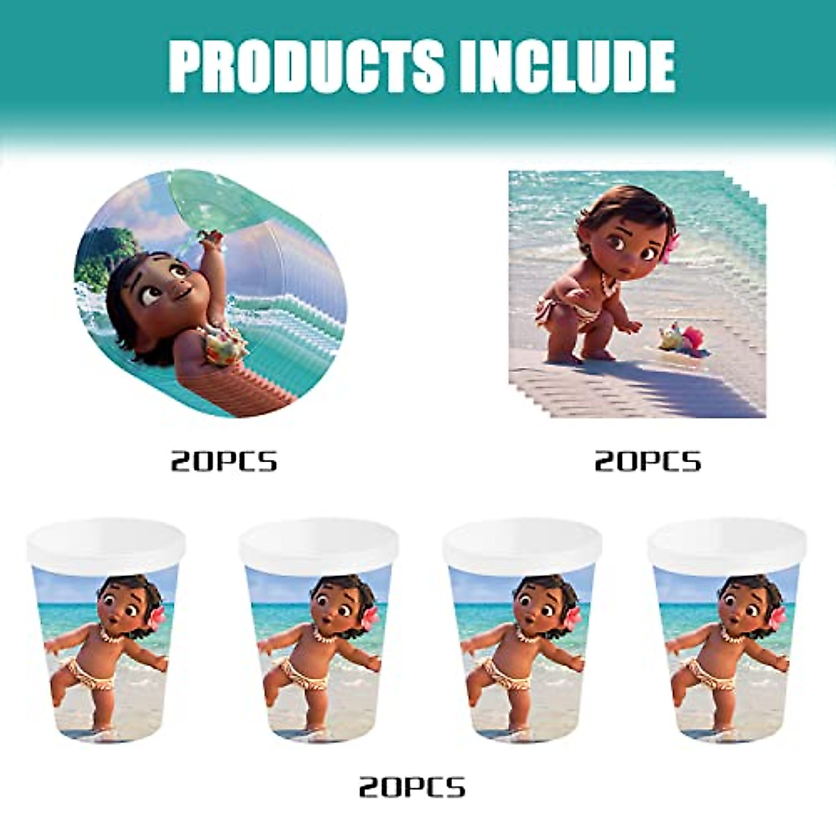 GANKTOWCOY Moana Birthday Party Supplies Baby Moana Children’s Party Favors Includes Cups Plates Napkins for Moana Birthday Baby Shower Decor Blue