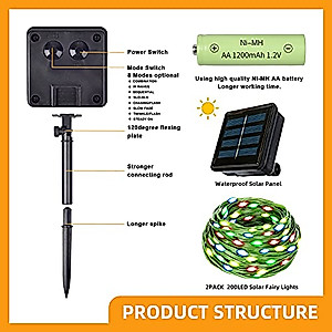 Solar Christmas Lights Outdoor ,2 Pack 72ft 200LED Solar String Lights Outdoor Waterproof , 8 Lighting Mode Solar Fairy Lights for Halloween,Garden,Party,Christmas Tree,Camp.( Multi-Color)