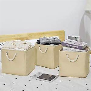 FAGlSAK Large Foldable Storage Bin 13" X 13" Storage Baske Organizer Basket Shelf Cube with Sturdy Cotton Carry Handles for Baby Nursery Closet Shelves Organization (Beige, Set of 3)