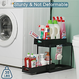 YumKubis Under Sink Organizers and Storage, 2 Tier Sliding Bathroom Cabinet Organizer, Pull Out Under Sink Storage, Black Bathroom Counter Organizer with Drawers & 4 Hooks for Kitchen, Bathroom