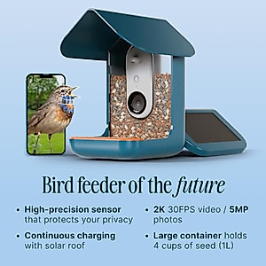 Bird Buddy Solar Smart Bird Feeder with Camera - Ai Bird Species Identification, 5Mp Photos, 2K Hd Video Live Stream Camera, Solar-Powered Charging, 2.8In Focus - Blue