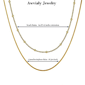 Awvialy Layered Gold Necklaces for Women 14k Gold Plated Beaded Herringbone Necklace Simple Layering Gold Chain Choker Necklaces for Women Cute Dainty Gold Necklace Trendy Gold Jewelry for Women