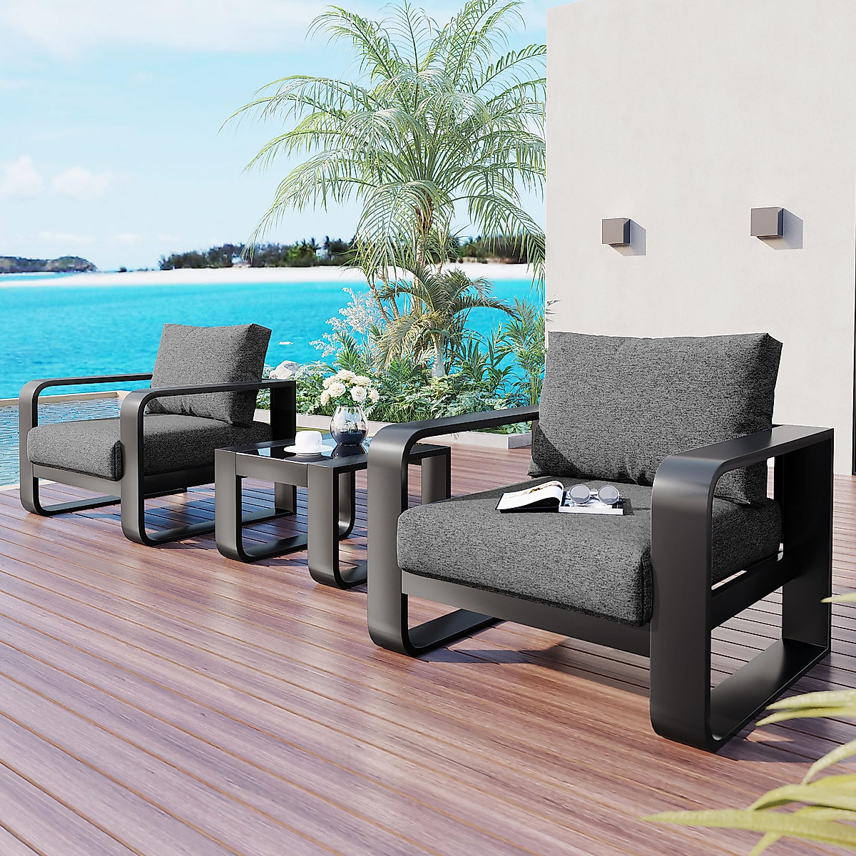 Merax 3-Pieces Aluminum Frame Patio Furniture Set with 6.7" Thick Cushion Chair and Coffee Table, All-Weather Use Outdoor Olefin Fabric ChairSet