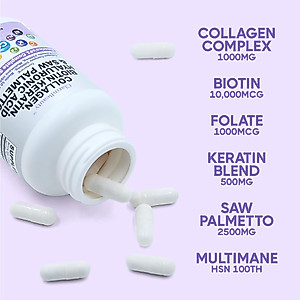 ClarinBeauty 100% Natural Collagen Pills 1000mg Biotin 10000mcg Keratin Saw Palmetto 2500mg Hyaluronic Acid & Pumpkin Seed with Vitamin C and Vitamin E