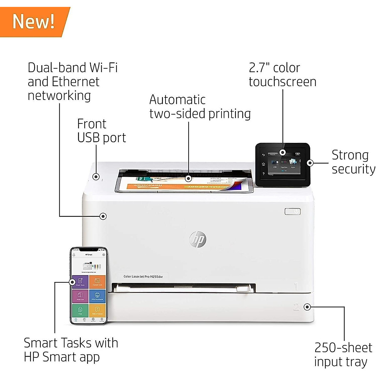 HP Color Laserjet Pro M255dw Single-Function Wireless Laser Printer, White - Print only - 2.7" Color Touchscreen, 22 ppm, 600 x 600 dpi, 8.5 x 14, Auto Duplex Printing, Ethernet