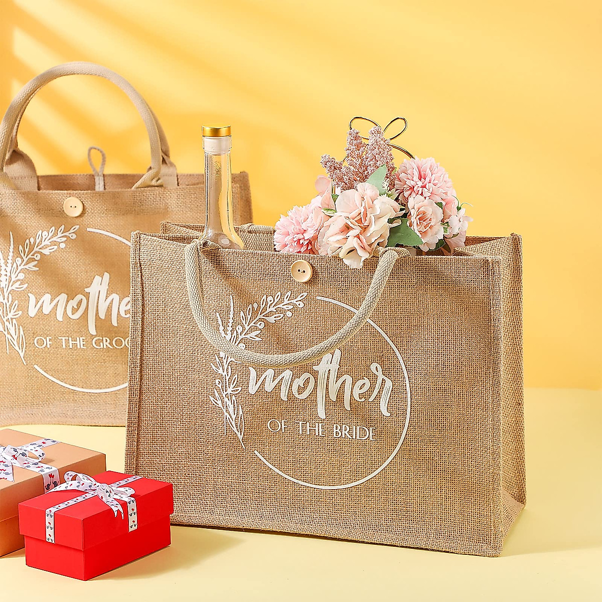 Coume 2 Pcs Mother of the Bride and the Groom Bags Wedding Gift for Guests Tote Bags with Handle Reusable Bridesmaid Gift Bags for Bridal Party Wedding Day (Brown, 15.8 x 11.8 x 5.9'')