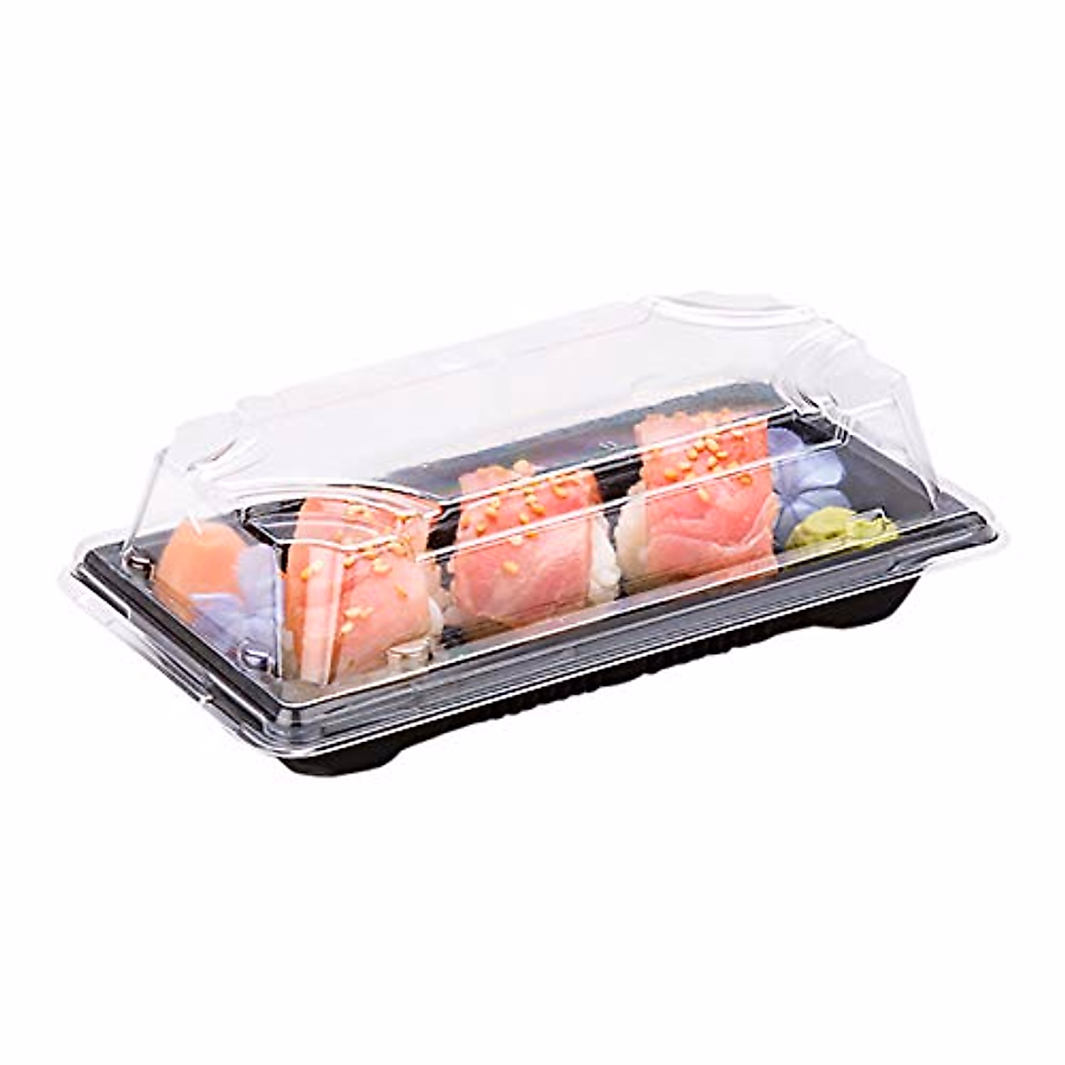 Restaurantware Rectangle Black Plastic Medium Take Out Sushi Tray - with Clear Lid - 6 3/4" x 3 3/4" x 2" - 100ct Box - Roku - Restaurantware