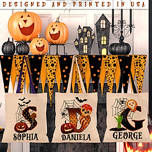 Custom Name & Initials Halloween Tote Bags - Personalized Trick or Treat Bag with Pumpkin & Skeleton - Reusable 15x16" Gift Bag for Everyday Use & Halloween Parties - Fun Designs