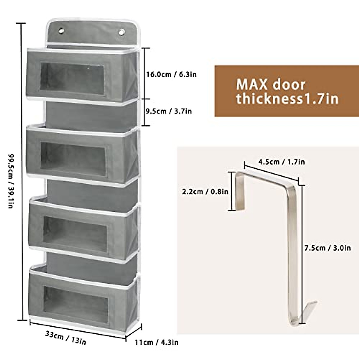 FYY Over the Door Organizer, 4-Shelf Wall Mount Hanging Pantry Storage Pocket with Clear Window for Bedroom Bathroom Kitchen Nursery Closet Dorm Storage Cosmetics, Stationery, Sundries, Toys Grey