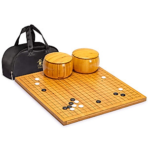 Yellow Mountain Imports Bamboo 0.8-Inch Etched Reversible 19x19 / 13x13 Go Game Set Board with Single Convex Melamine Stones and Bamboo Bowls Set - Classic Strategy Board Game (Baduk/Weiqi)