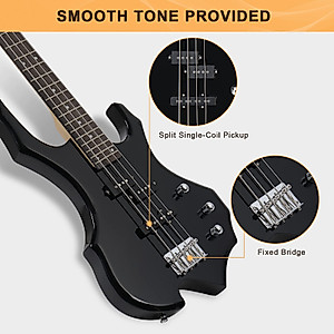 GLARRY Electric Bass Guitar 4 Strings Buring Fire Style Single Coil - Split Single Coil Pickups for Beginner Adults Right Hand w/ 20W Amp, Bag, Strap and Cord (Black)