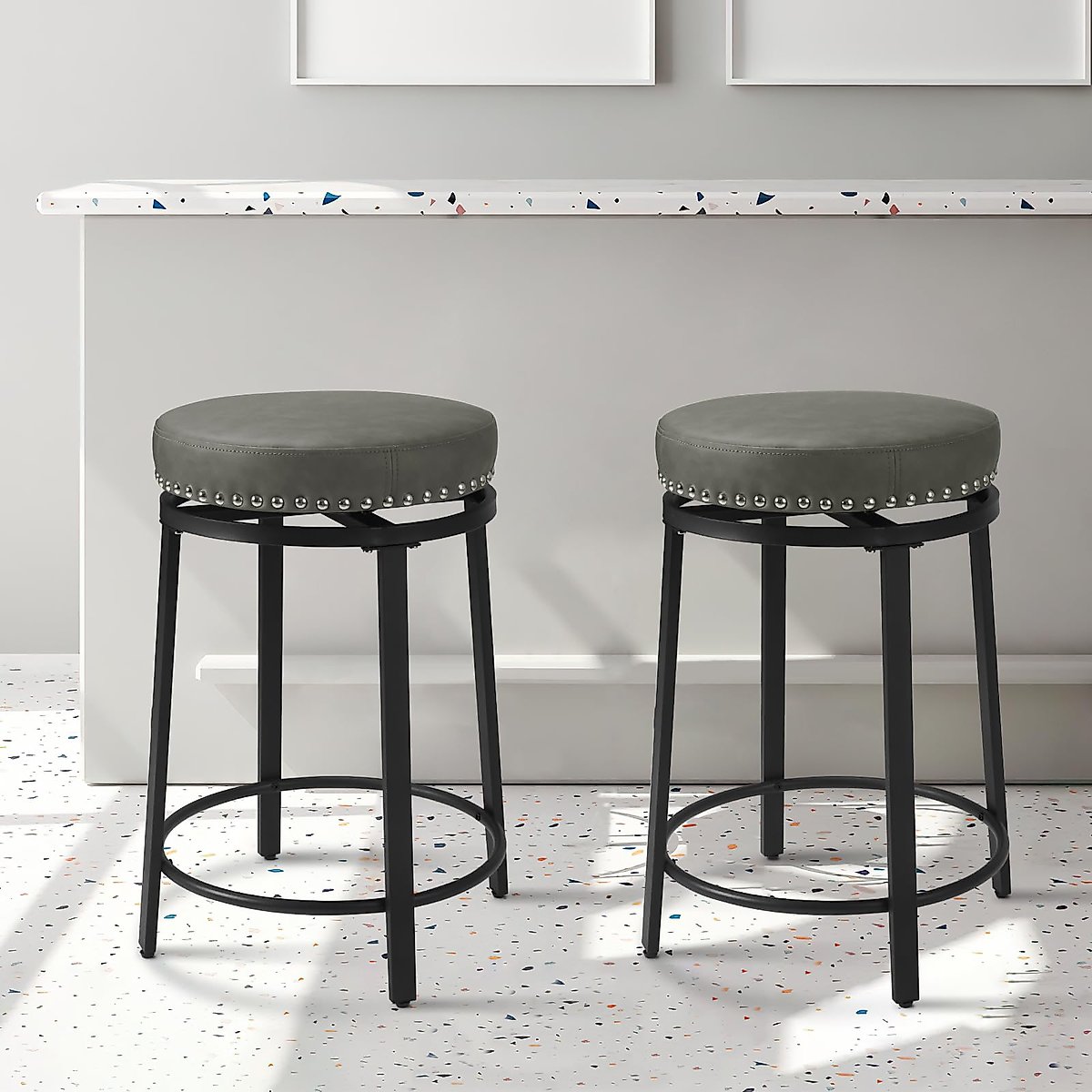 FLYZC Bar Stools Set of 2 Counter Height Swivel Bar Stools Backless Round Barstools 24inch Grey Upholstered Faux Leather Counter Height Stools Counter Stools for Kitchen Counter Island Grey