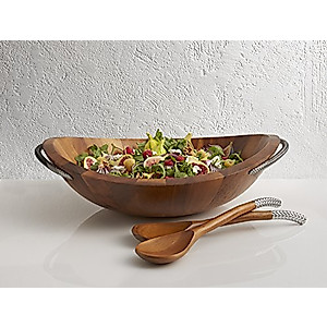 Nambe Braid Salad Bowl with Servers | 3-Piece Set | Large Wooden Serving Bowl for Caesar Salad, Large Salads | Big Salad Bowl with Serving Utensils | Made of Chrome & Acacia Wood (20” L x 16” W)
