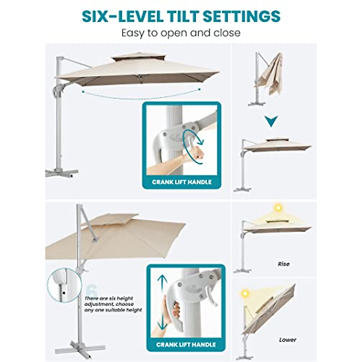 JEAREY 11FT All-Aluminum Cantilever Patio Umbrella Deluxe Large Outdoor Square Umbrella Double Top Offset Hanging Umbrella Heavy Duty Pool Umbrella with Brand Crank & 6 Gears Lift System for Deck Yard Patio Garden Lawn Market, Beige