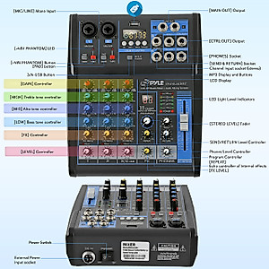 Pyle Professional Audio Mixer Sound Board Console System Interface 4 Channel Digital USB Bluetooth MP3 Computer Input 48V Phantom Power Stereo DJ Studio Streaming FX 16-Bit DSP processor-PMXU43BT
