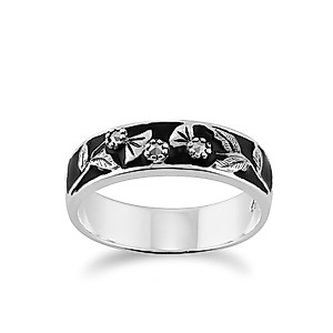 Gemondo Sterling Silver 4.8pt Marcasite & Black Enamel Floral Band Ring