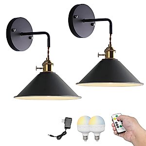 Kiven Battery Operated Wall Sconces, Industrial Wall Lights with Rechargeable LED Bulb and Black Iron Shade, Dimmable Wall Lighting Fixtures for Living Room Bedroom Hallway（Set of 2）