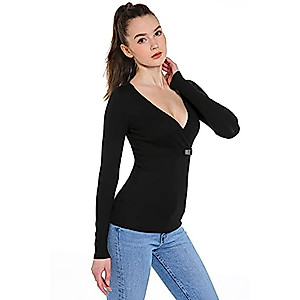 AmélieBoutik Women V Neck Crossover Buckle Long Sleeve Pullover Sweater (Black Medium)