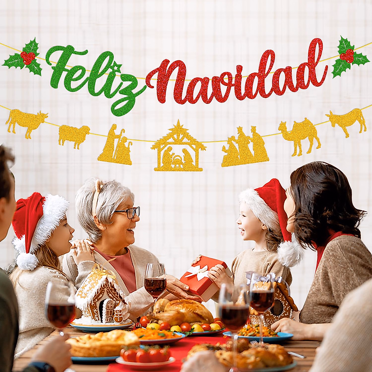 Merry Christmas Decoration Feliz Navidad Banner Nativity Garland Joy to the World backdrop Religious Xmas party Ornament Holy New Year Jesus Santa Bible God Bless theme Party Event Glitter Decor