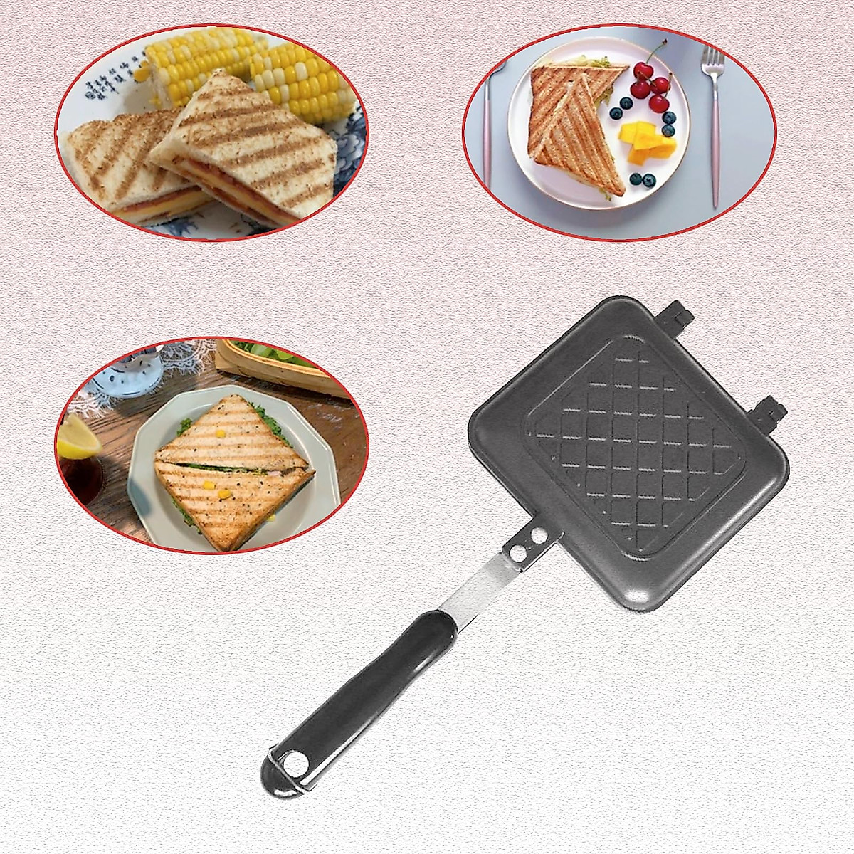HningBuyox Sandwich Maker, Grilled Panini Maker Pan with Non-Stick Plates, Stovetop Toasted Sandwich Maker Press Aluminum Flip Cheese Maker Pan for Home Kitchen Breakfast Camping