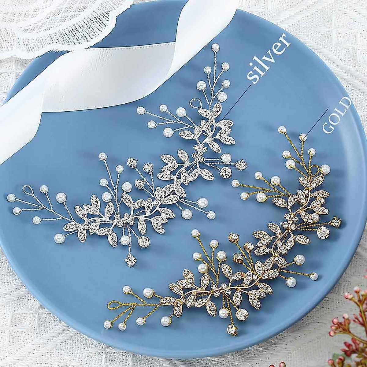 Unsutuo Crystal Bridal Headband Silver Rhinestone Leaves Wedding Hair Vine Pearls Bride Hair Pieces for Women and Girls(Silver)