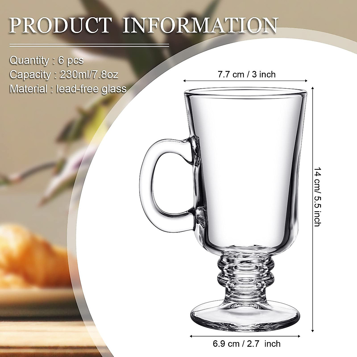 6 Pieces 8 Ounce Irish Coffee Mugs Irish Coffee Glasses Clear Glass Cup with Handle High Base Glass Latte Cup Footed Irish Coffee Mug Clear Coffee Glass Mugs for Hot Beverages and Cold Beverages