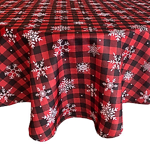 Lintex Red/Black Snowflake Plaid Festive Christmas Fabric Tablecloth, Red, Black and White Plaid Country Rustic Xmas Holiday Tablecloth, 70” Round
