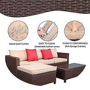 L-DREAM Garden Furniture Sofa Set 5-Piece - PE Brown Wicker Rattan Sofa - with Tempered Glass Coffee Table and Washable Couch Cushions - for Patio Balcony Conversation Sofa (Color : Brown)