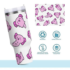 DIGTIA Stainless Steel Insulated Tumbler w/Handle & Straw, Axolotl Cute Double Wall Vacuum Travel Coffee Mug Cup w/Lid, Leak-Proof Sports Pink Water Bottle,30oz