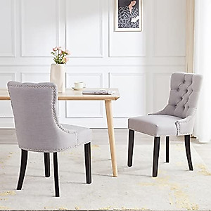 Kingfun Dining Chairs Set of 2, Upholstered Tufted Kitchen & Dining Room Chairs, Modern Accent Chairs Side Chair for Dinner Table/Waiting, Padded Nailhead Fabric Parson Chair(Solid Wooden, Light Grey)