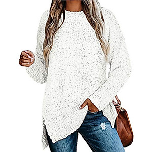 NIASHOT White Sweaters for Women Oversized Crewneck Sherpa Tunic Tops for Leggings L