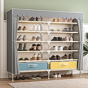 LEAIJIAFY Double Row 6 Tier Shoe Rack Storage Organizer with Cover and 2 Drawers,Portable Standing Shoe Shelf for Garage EntrywaySmall Spaces,16MM Metal Tubes,Gray